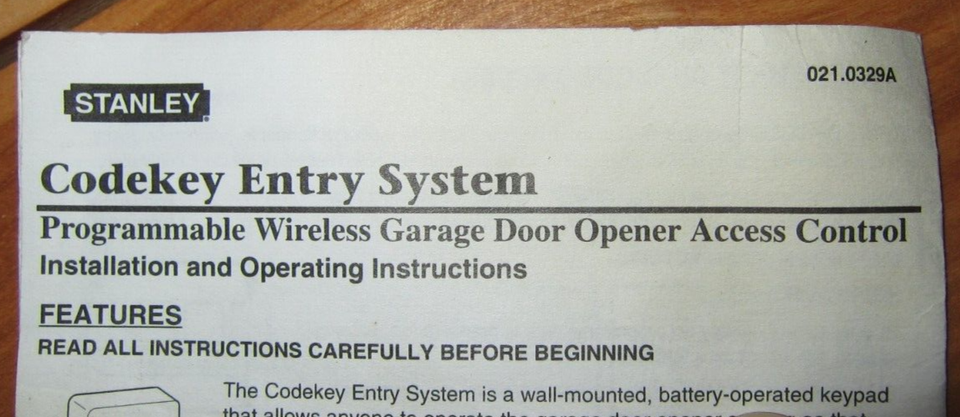 Stanley Codekey Entry System Installation and Operating Instructions ...
