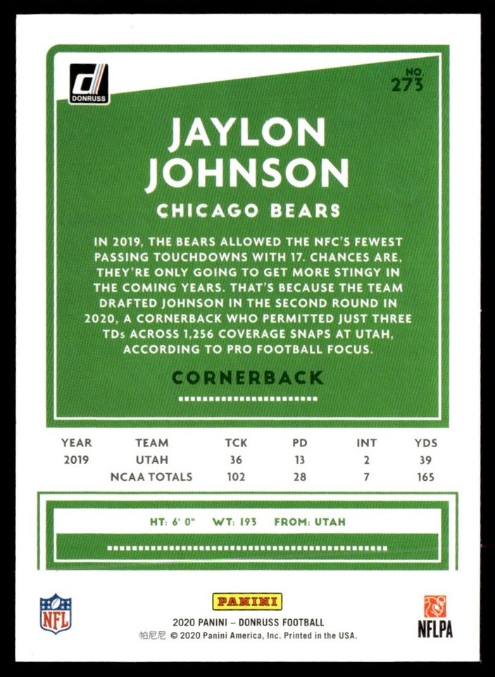 2020 Donruss Jaylon Johnson Rookie Chicago Bears #273 | eBay