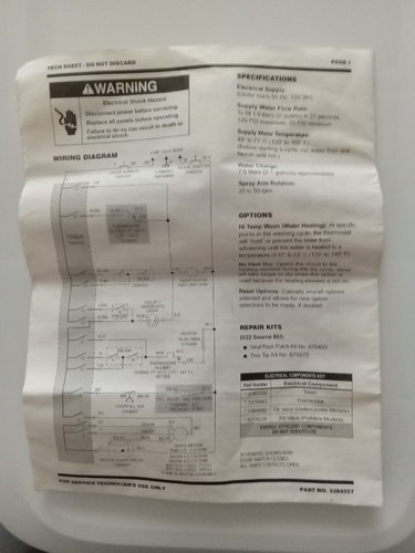 Kenmore Dishwasher Tech Sheet Part No. 3384557 | eBay