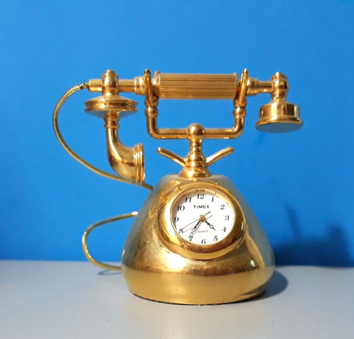 Timex Miniature Mini Clock TELEPHONE Gold Brass 2.5" Tall Needs Battery ...