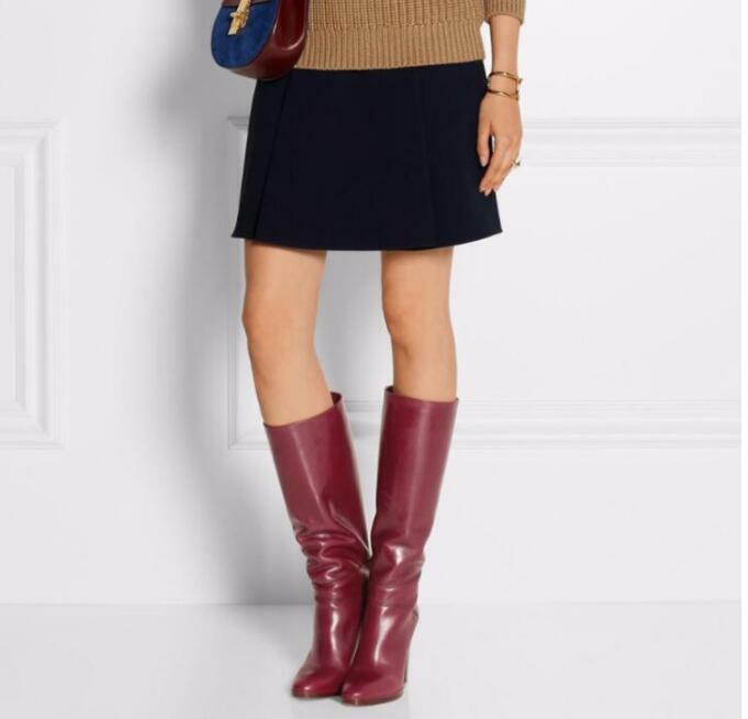 Women's Fashion High-Heeled Knee-Length Boots Knight Pu Leather Wine ...