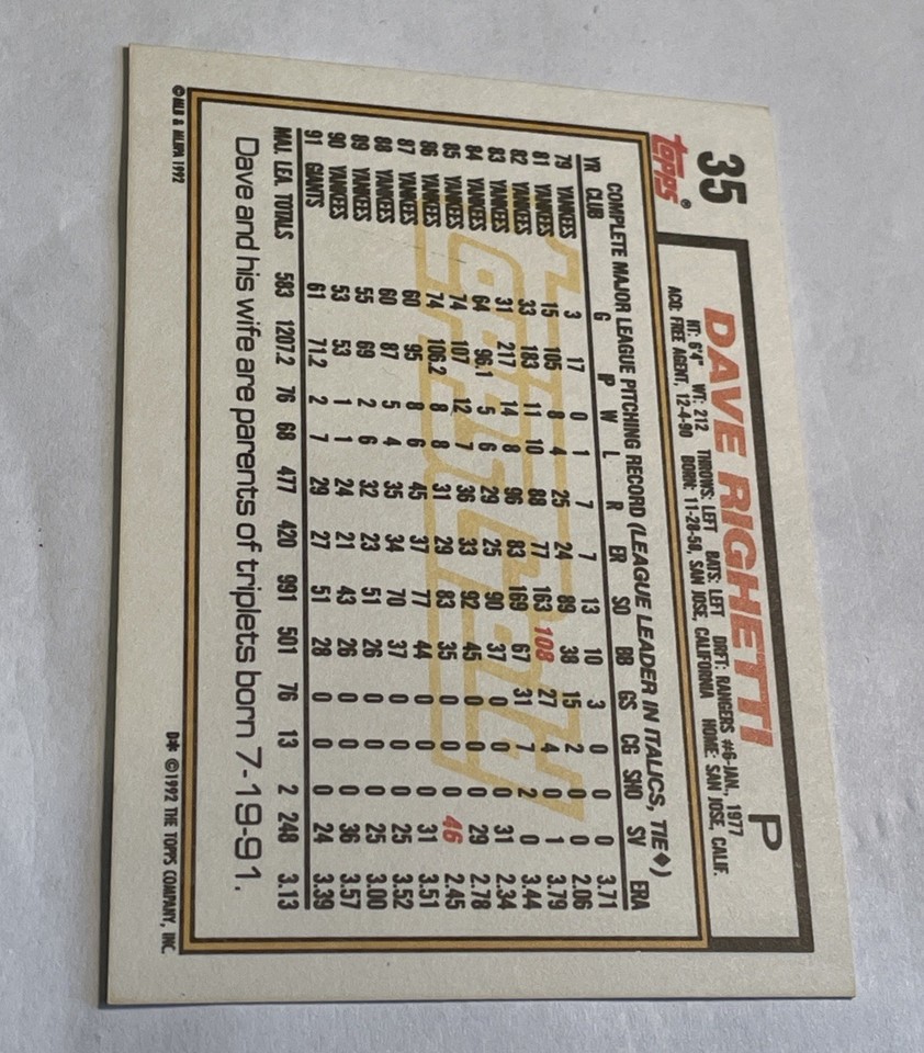 1992 Topps - Dave Righetti #35 Gold Winner Giants/ NY Yankees NM | eBay