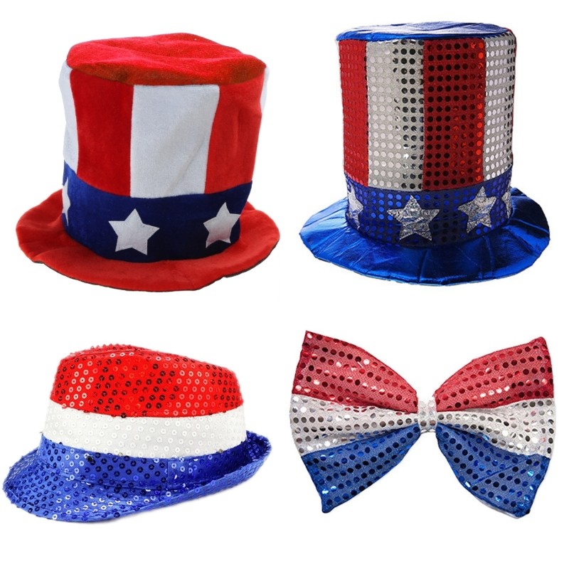 Adult Red White Blue Sequin Top Hat Stars Stripes Caps Bowtie | eBay ...