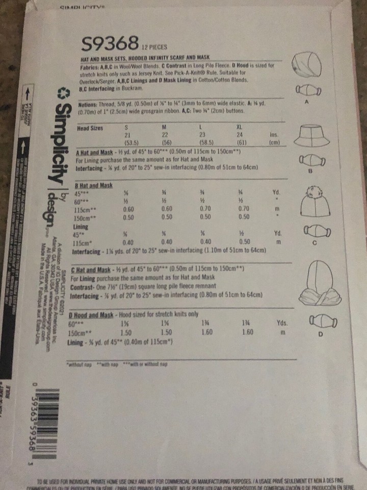 🌼 SIMPLICITY #S9368 - LADIES HAT & MASK SETS - HOODED INFINITY SCARF ...