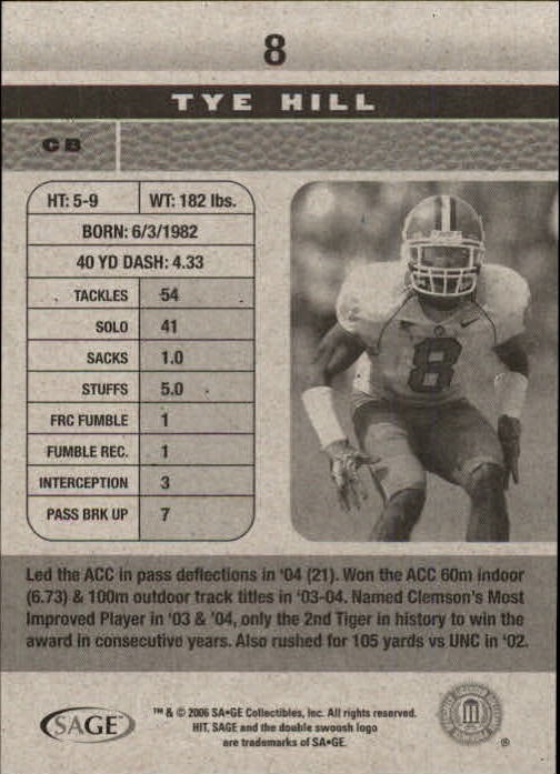 2006 SAGE HIT #8 Tye Hill | eBay