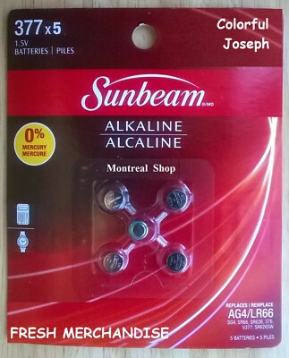 5 Sunbeam 377 1.5v Alkaline Batteries, AG4/LR66, SG4, SR66, 376, V377 ...