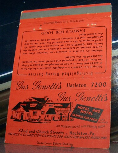 Vintage Matchbook Cover A1 Hazleton Pennsylvania Gus Genetti Famous ...