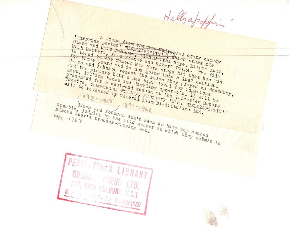 Ole Olsen + Chic Johnson in Hellzapoppin (1941) Original Vintage Photo ...