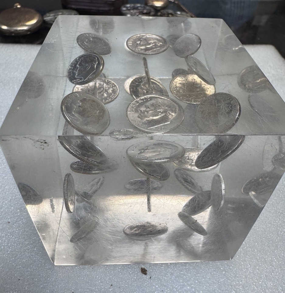 Vintage 1963 Silver Roosevelt Dime floating Coin Lucite Cube ...
