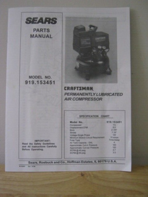 Sears Craftsman Model 919.153451 Air Compressor Parts Manual | eBay