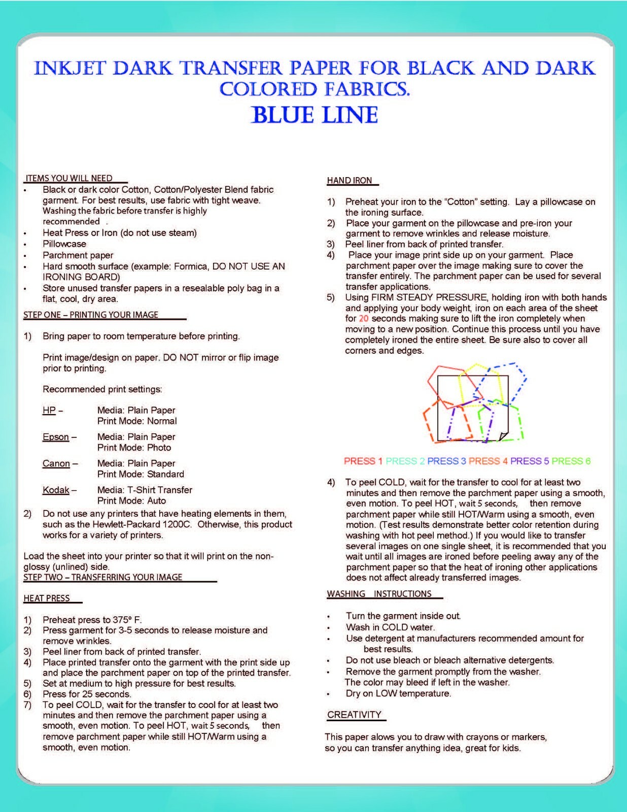 Blue Line Heat Transfer Paper Dark for Inkjet Printers 10 SHEETS - 8.5 ...