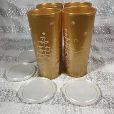 4 Tupperware Gold Tumbler Holiday Christmas Trees Drinking Cups | eBay