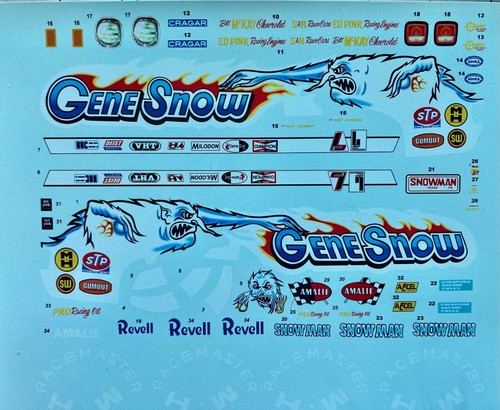 1/16 GENE SNOW'S 1974 SNOWMAN VEGA FUNNY CAR DECAL/REVELL/ATLANTIS/COMP ...