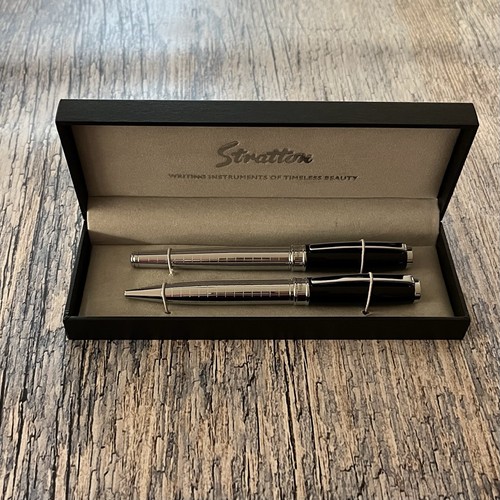 Stratton Chrome Roller Ball Ball Point Pen Set Black Ink, New in Box ...