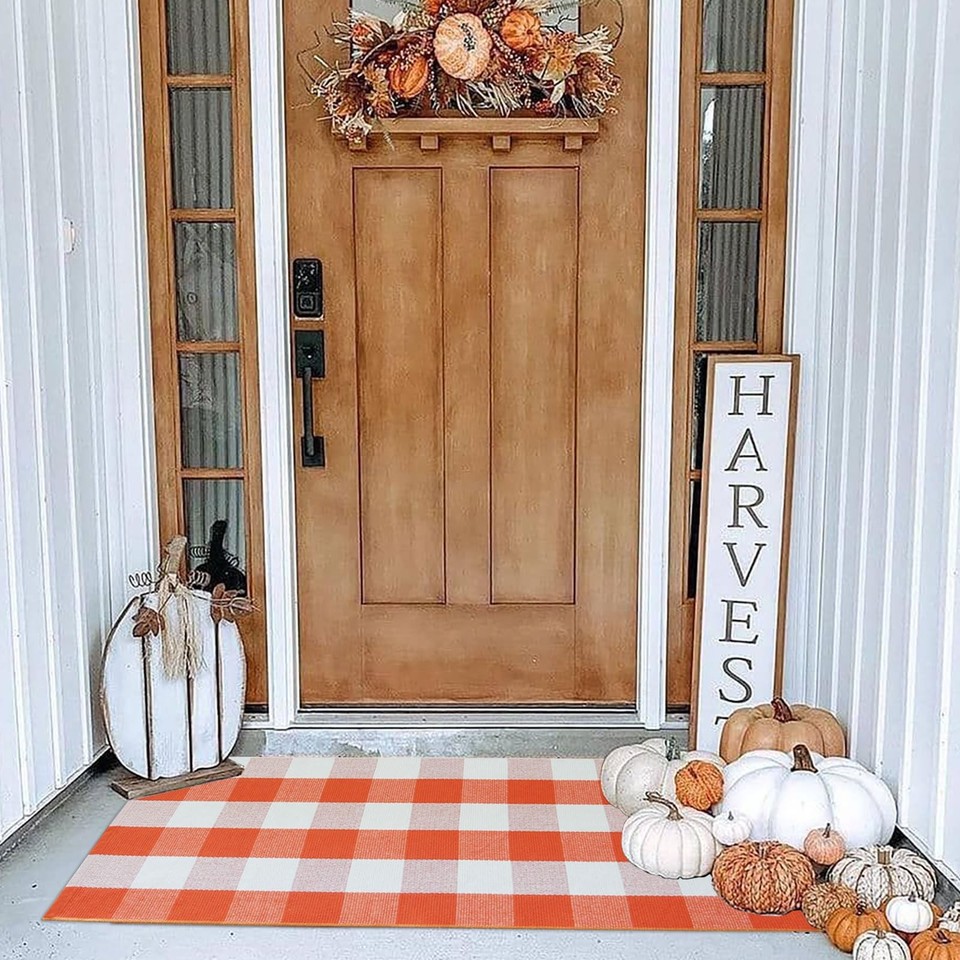 Fall Outdoor Rug Orange Buffalo Plaid Outdoor Rug Cotton Hand-Woven ...