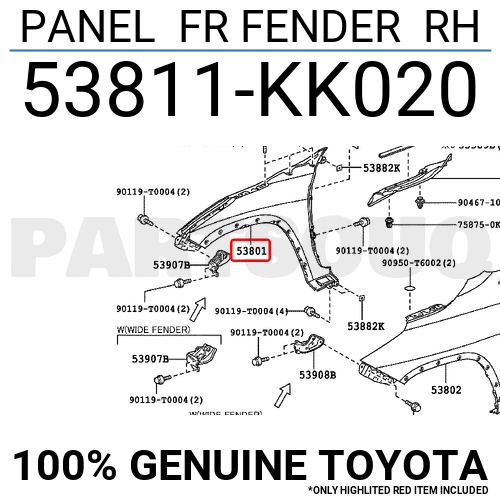 53811KK020 Genuine Toyota PANEL FR FENDER RH 53811-KK020 | eBay