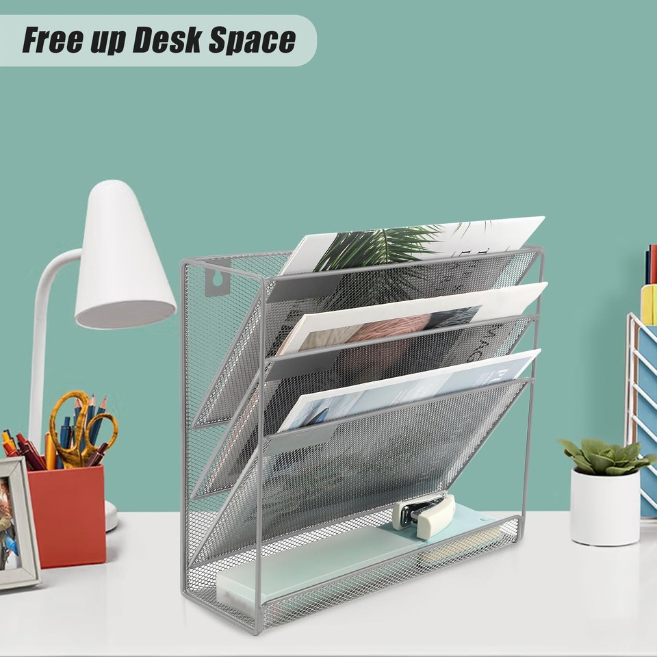 4-Tier Gray Desk File Organizer Hanging Wall Mount Document Holder Rack ...