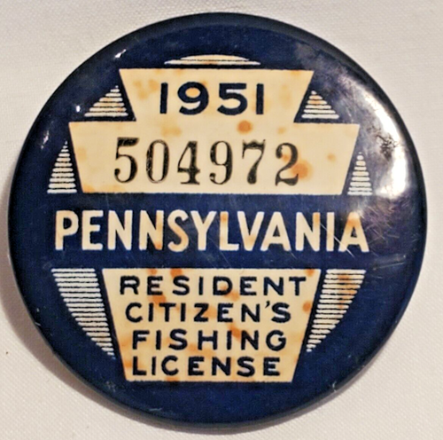 1951 PA Pennsylvania FISHING LICENSE BUTTON Pin Pinback Badge Resident ...