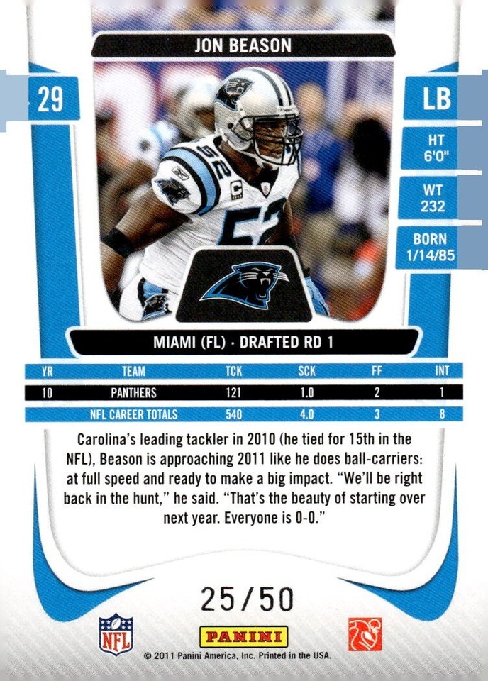 2011 Panini Prestige - [Base] - Xtra Points purple #29 - Jon Beason /50 b28 | eBay