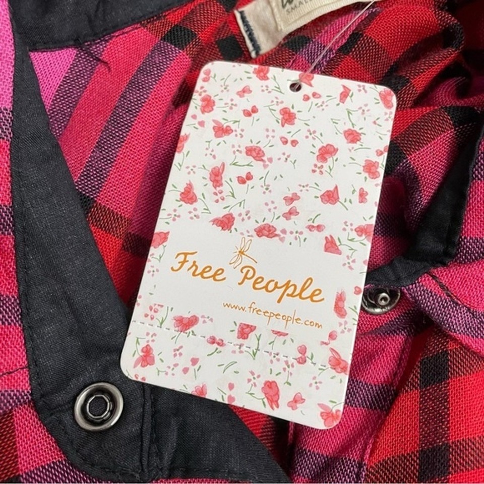NWT Free People Pacific Dawn Wool Plaid Shirt Hot Pink Red Combo Size ...