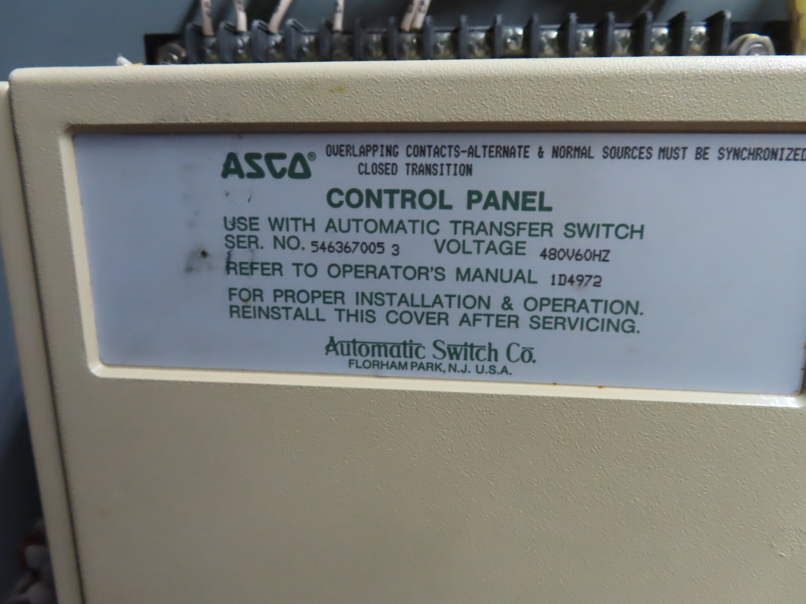 ASCO 434 AUTOMATIC TRANSFER SWITCH E434360097C 600A 480V 3PH 1YEAR ...