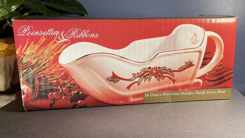Holiday Gravy Boat Poinsettia & Ribbons Hostess Fine China Sleigh ...