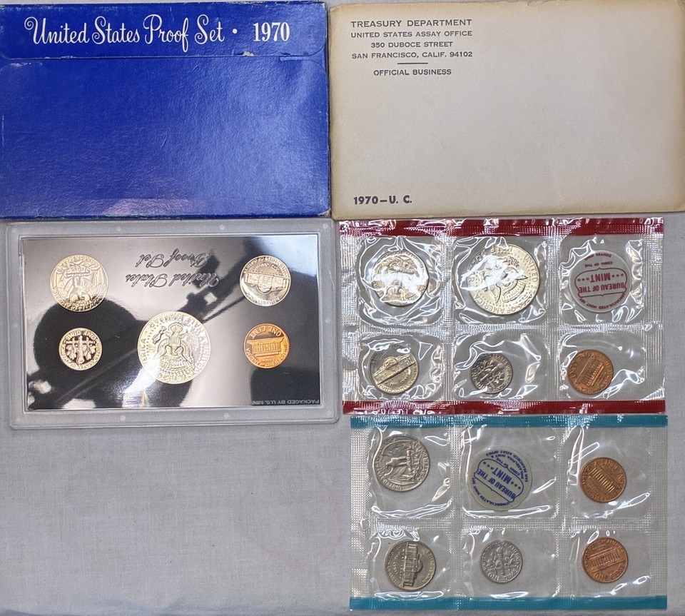 1970 Proof & Uncirculated Annual US Mint Sets PDS 15 Coins Two 40% ...