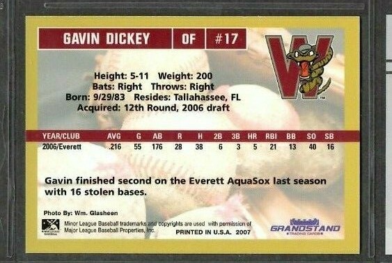2007 Grandstand Wisconsin Timber Rattlers #17 Gavin Dickey Signed ...