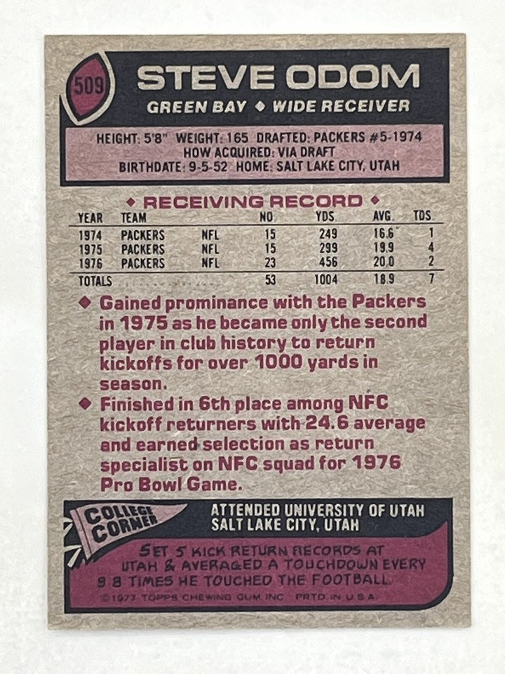 Steve Odom 1977 Topps #509 Sports NFL Green Bay Pckers WR Trading Card ...