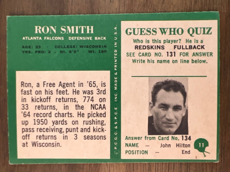 1966 Ron Smith Philadelphia #11 PRC Atlanta Falcons All-Pro Wisconsin ...