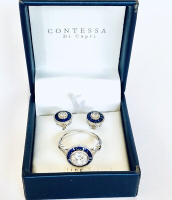 Contessa di Capri Blue Spinel White CZ Ring & Earrings Set 925 Sterling ...