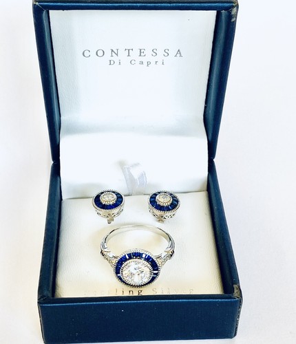 Contessa di Capri Blue Spinel White CZ Ring & Earrings Set 925 Sterling ...