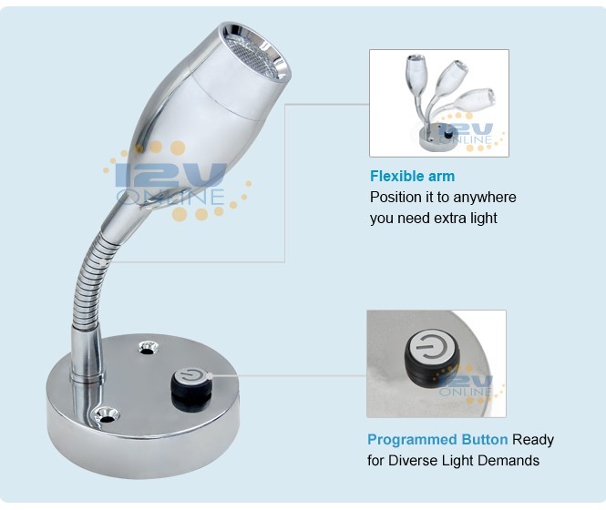 2X 12V RV LED Flexible Reading Lights Bedside Wall Mount Boat Cabin Map ...