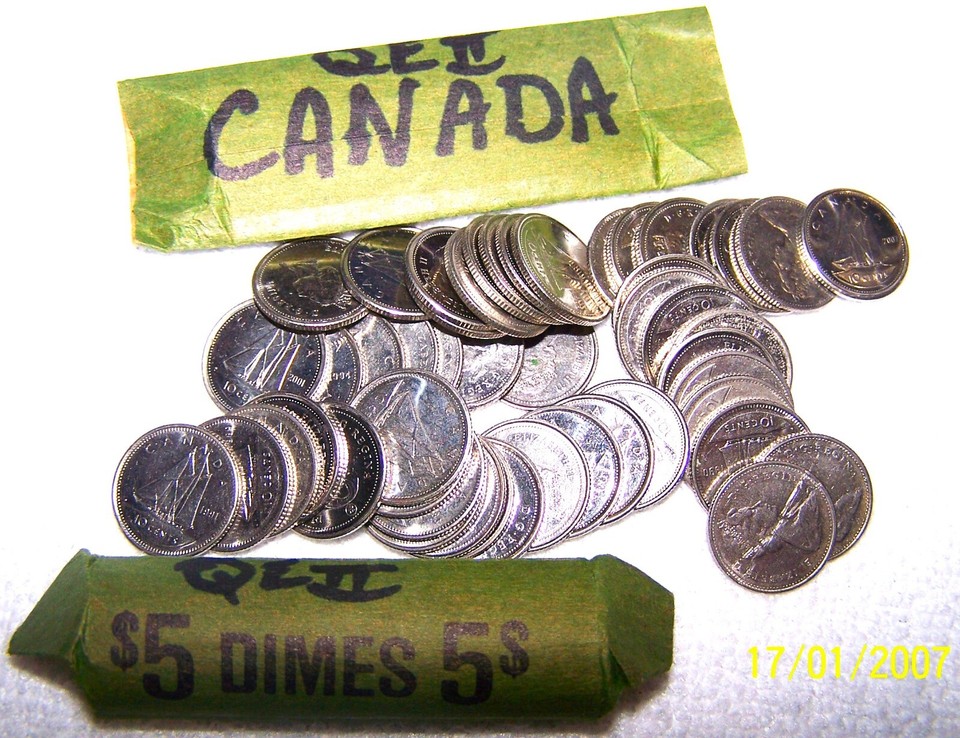 CANADIAN DIME ROLL- RANDOM MIX OF 70’s 80’s and 90’s- 2000's (50 COINS ...