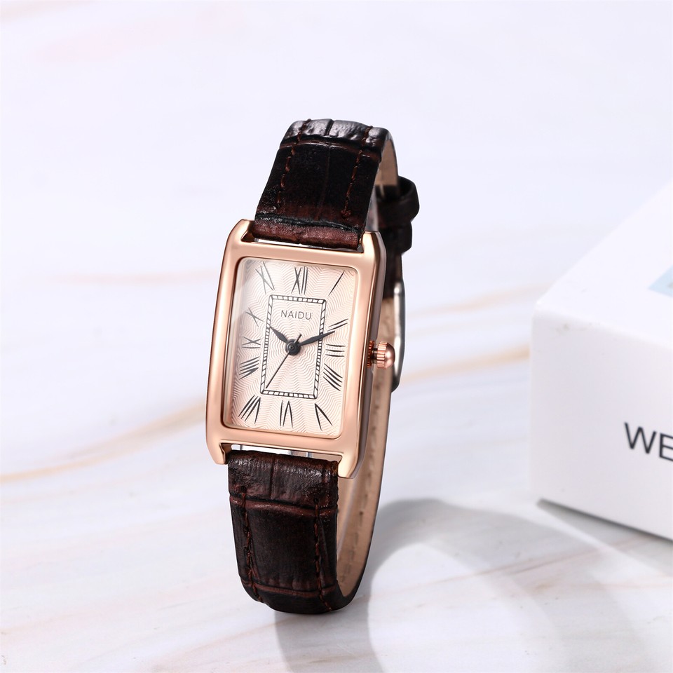 Women's Classic Rectangular Leather Strap Quartz Wrist Watch Roman ...