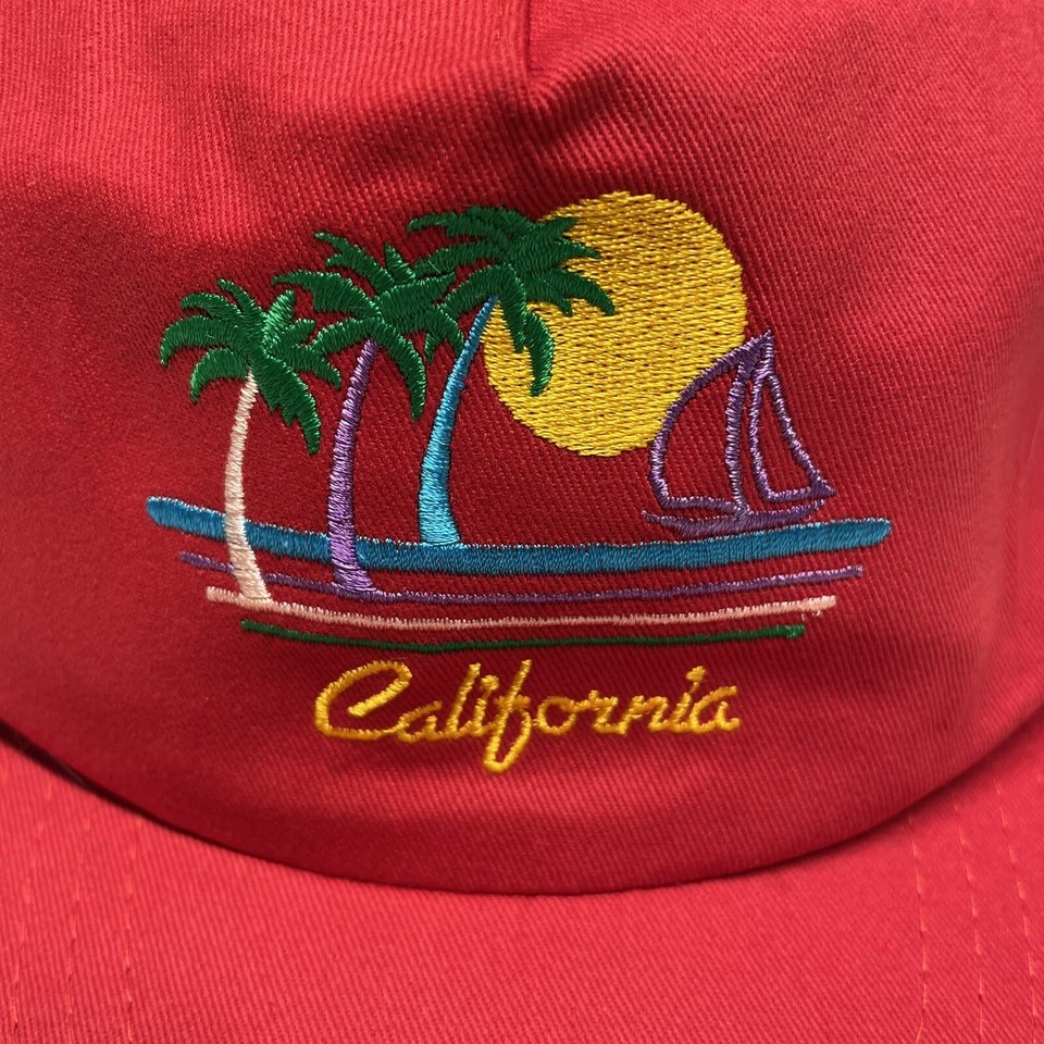 Vintage 90s California SnapBack Hat Cap Red Sun Art Palm Tree Boat ...