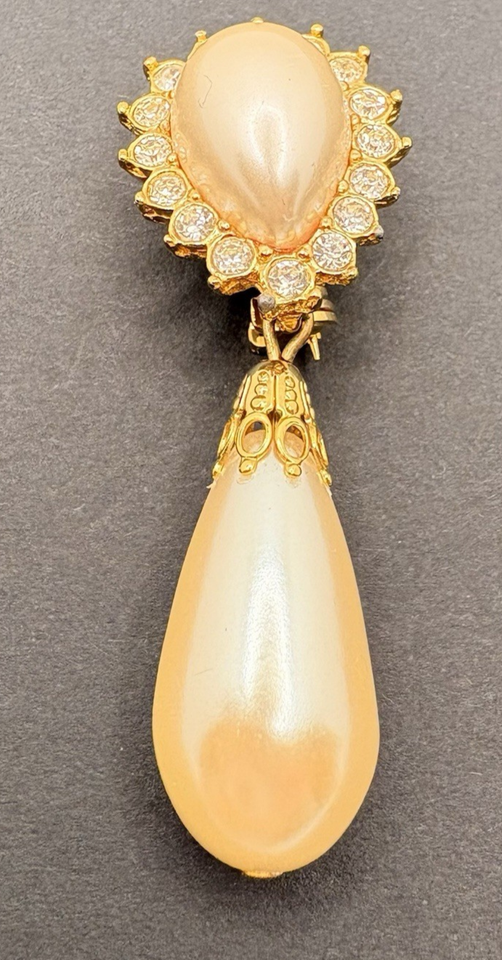 Vintage Faux Pearl & Rhinestones Gold Tone Dangle Teardrop Brooch ...