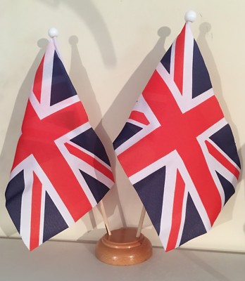 UNION JACK X 2 TWIN TABLE FLAG SET with WOODEN BASE 9"X6" FLAGS | eBay UK