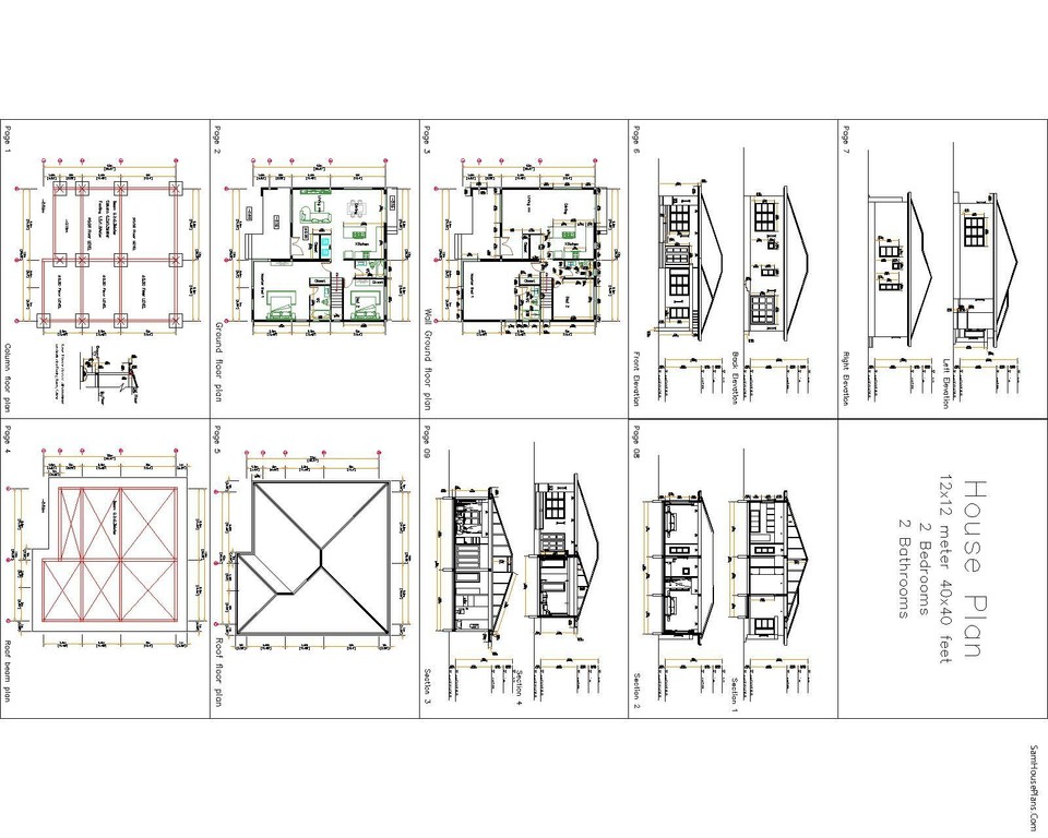40x40 Feet House Design Plans 12x12 Meter 2 Beds 2 Baths Hip Roof (A4 ...