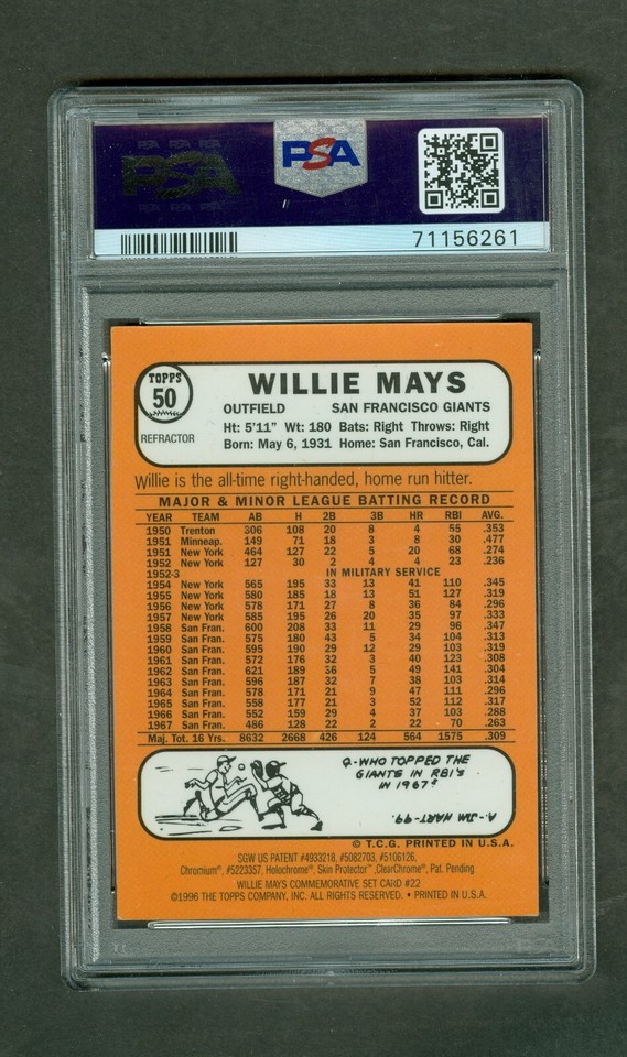 Willie Mays 1997 Finest Reprints #22 1968 Topps Refractor WO/ Coating ...