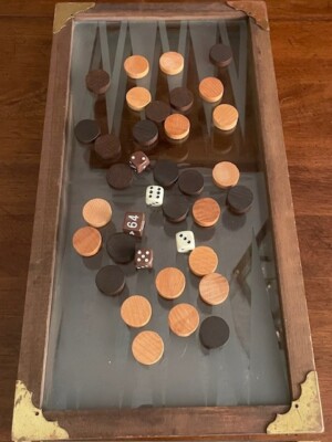 Vintage Glass, Wood and Brass Backgammon Set with Original Wood Pieces ...