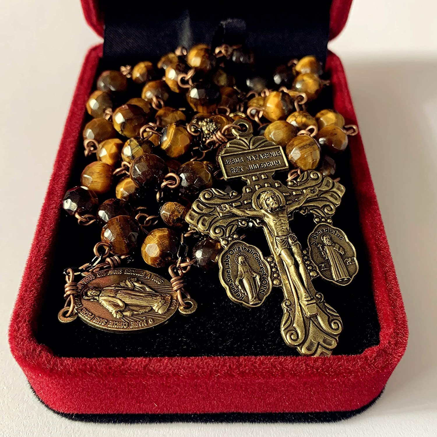 VINTAGE Catholic Tiger Eye Beads Bronze Pardon Cross Rosary Necklace ...