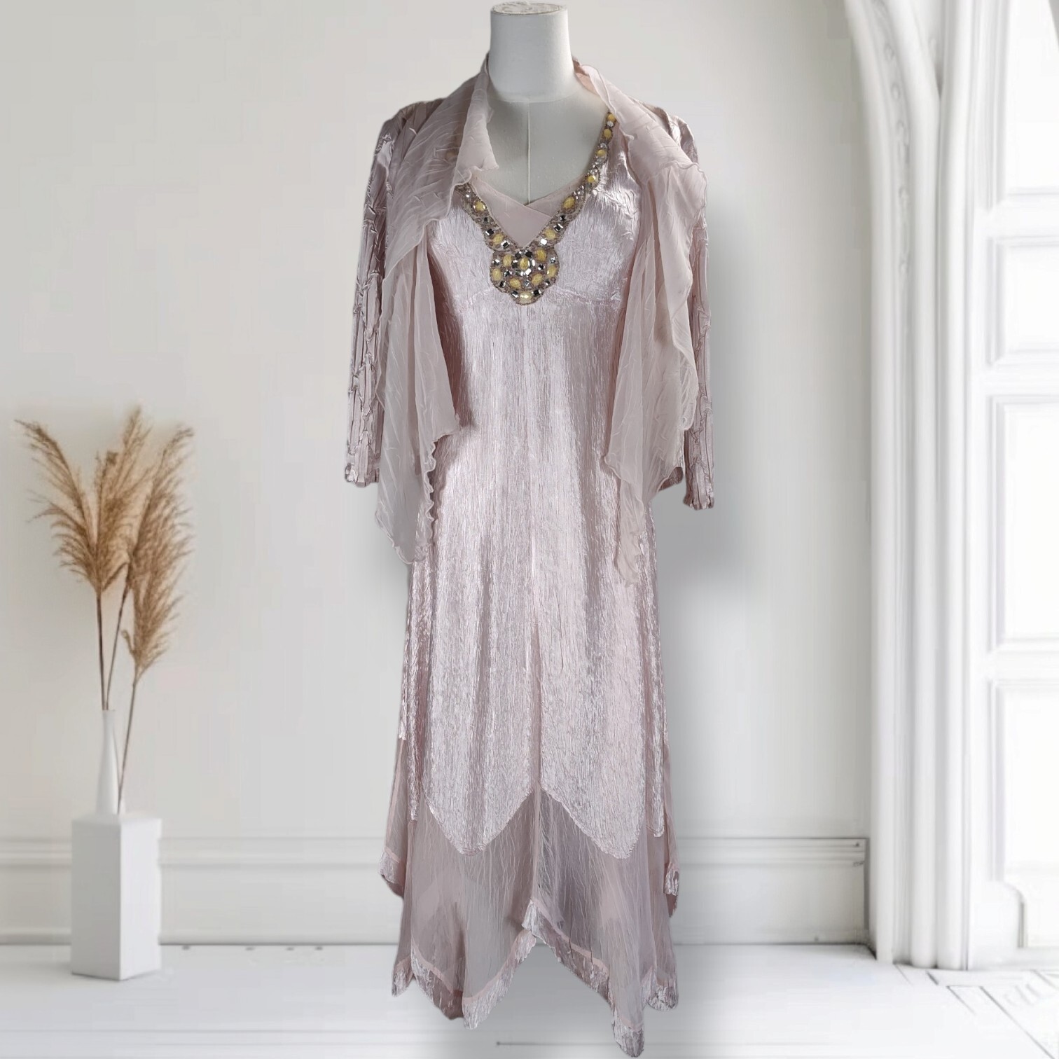 Komarov 2pc Hanky Hem Midi Dress Draped Jacket Size s Pink Beaded Neck ...