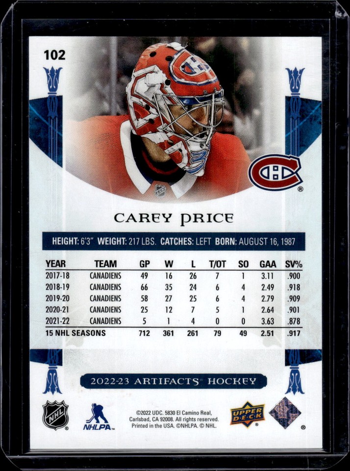 2022 Upper Deck Artifacts #102 Carey Price Ruby Parallel /499 Ruby NM ...