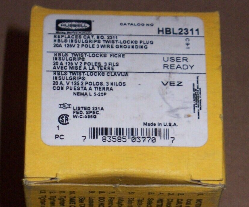 NEW HUBBELL HBL2311 INSULGRIP TWIST-LOCK PLUG 20A 125V 2-POLE 3-WIRE ...