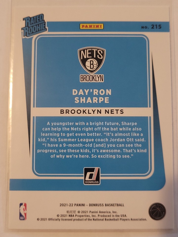 2021-22 Donruss Rated Rookie Day'Ron Sharpe Rookie Brooklyn Nets #215 ...