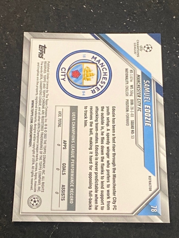 2021-22 Topps Chrome UCL Base Refractor Samuel Edozie Manchester City ...