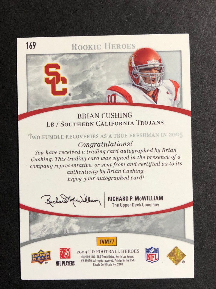 Brian Cushing USC Houston Texans Signed 2009 UDFootball card #169 Auto ...