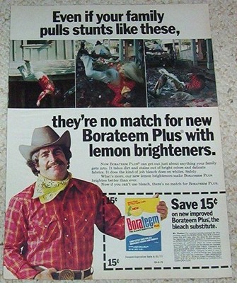 1976 print ad - Borateem laundry bleach -cowboy Stunt Man -Borax old ...