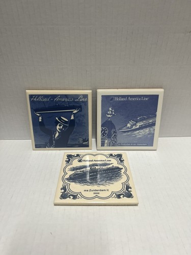Vintage Set 3 Holland America Line Blue Delft Tiles Coasters Cork Back ...